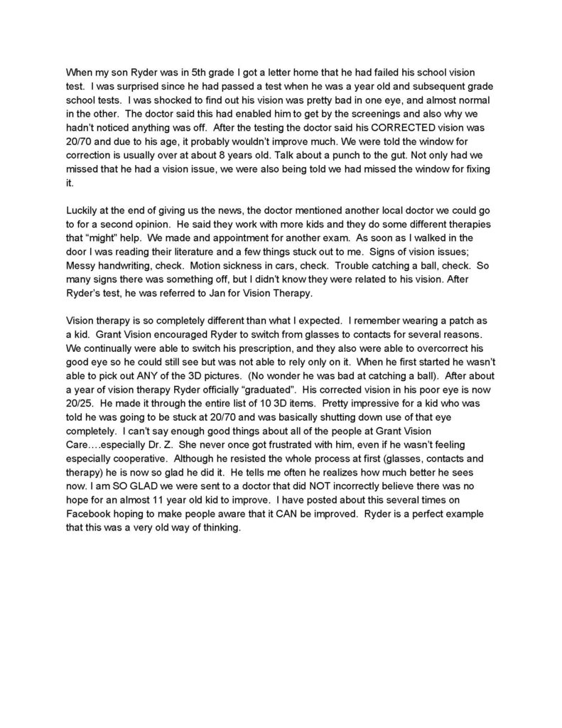 Ryder S Vision Therapy Success Story Grant Vision Care